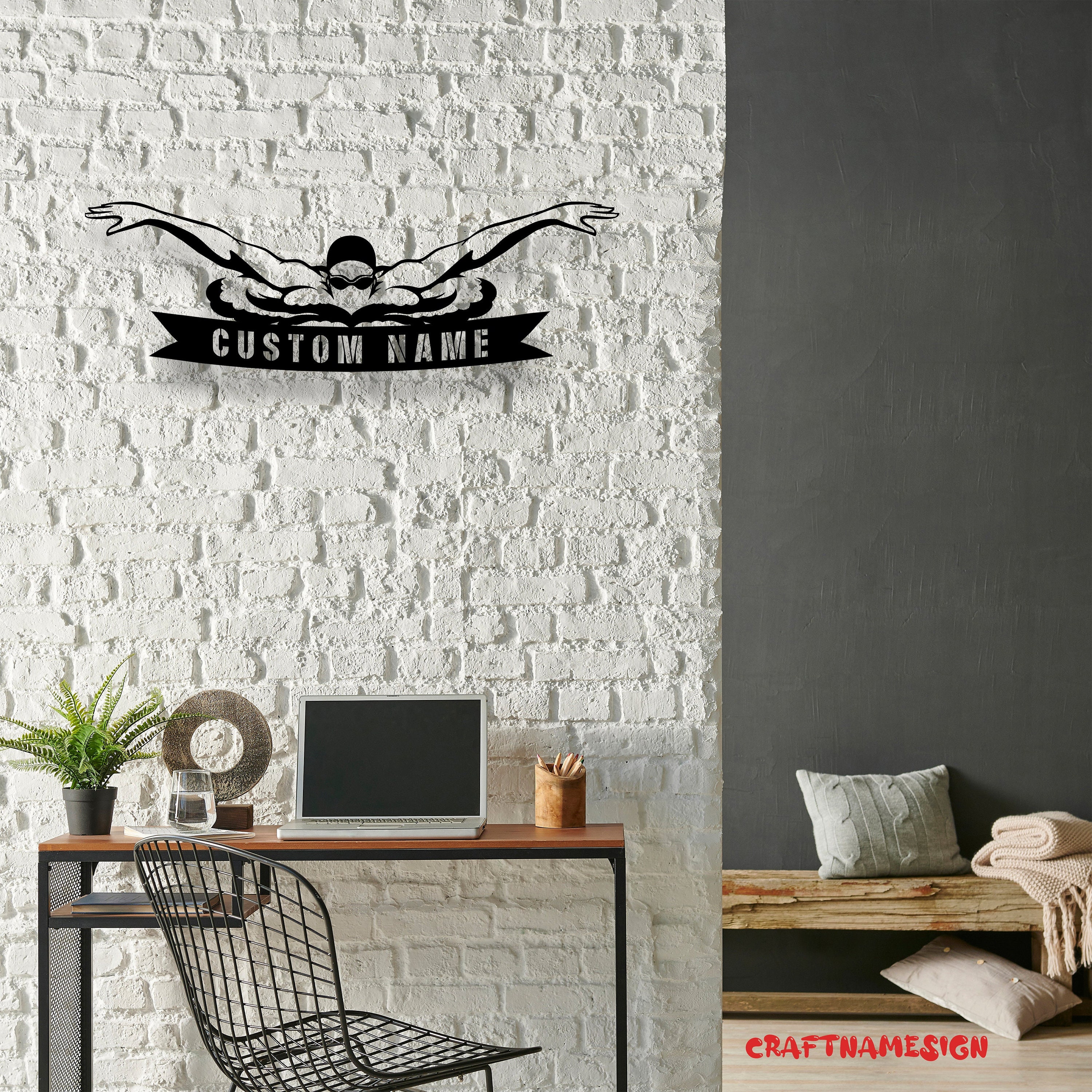 Custom Man Swimmer Metal Wall Art LED Light - Personalized Swimming ...