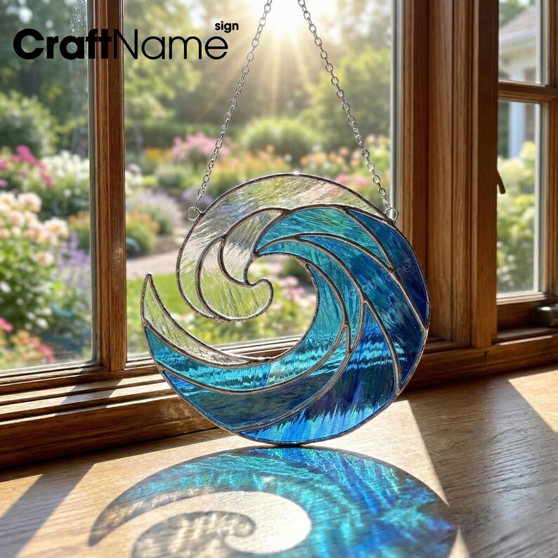 Ocean Wave Stained Glass Window Suncatcher, Handmade Coastal Decor ...