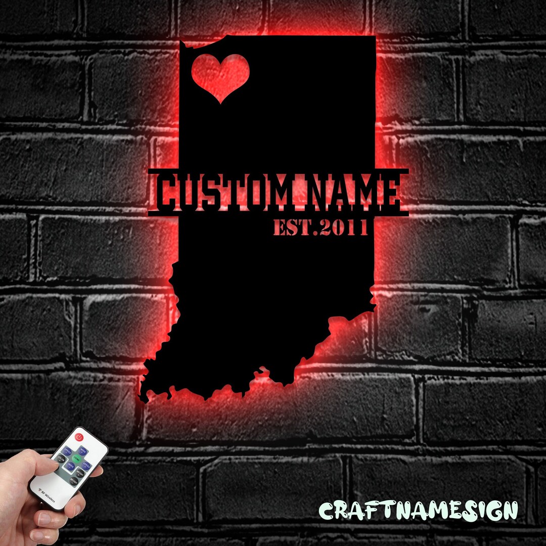 Custom Indiana Map Metal Wall Art LED Lights Personalized Indiana State ...