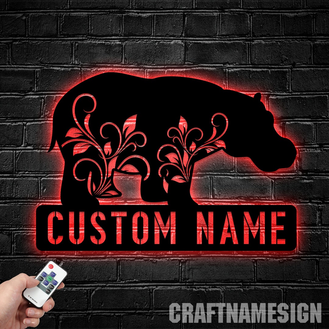Personalized Hippo Head Metal Wall Art LED Light, Custom Cute Hippo ...