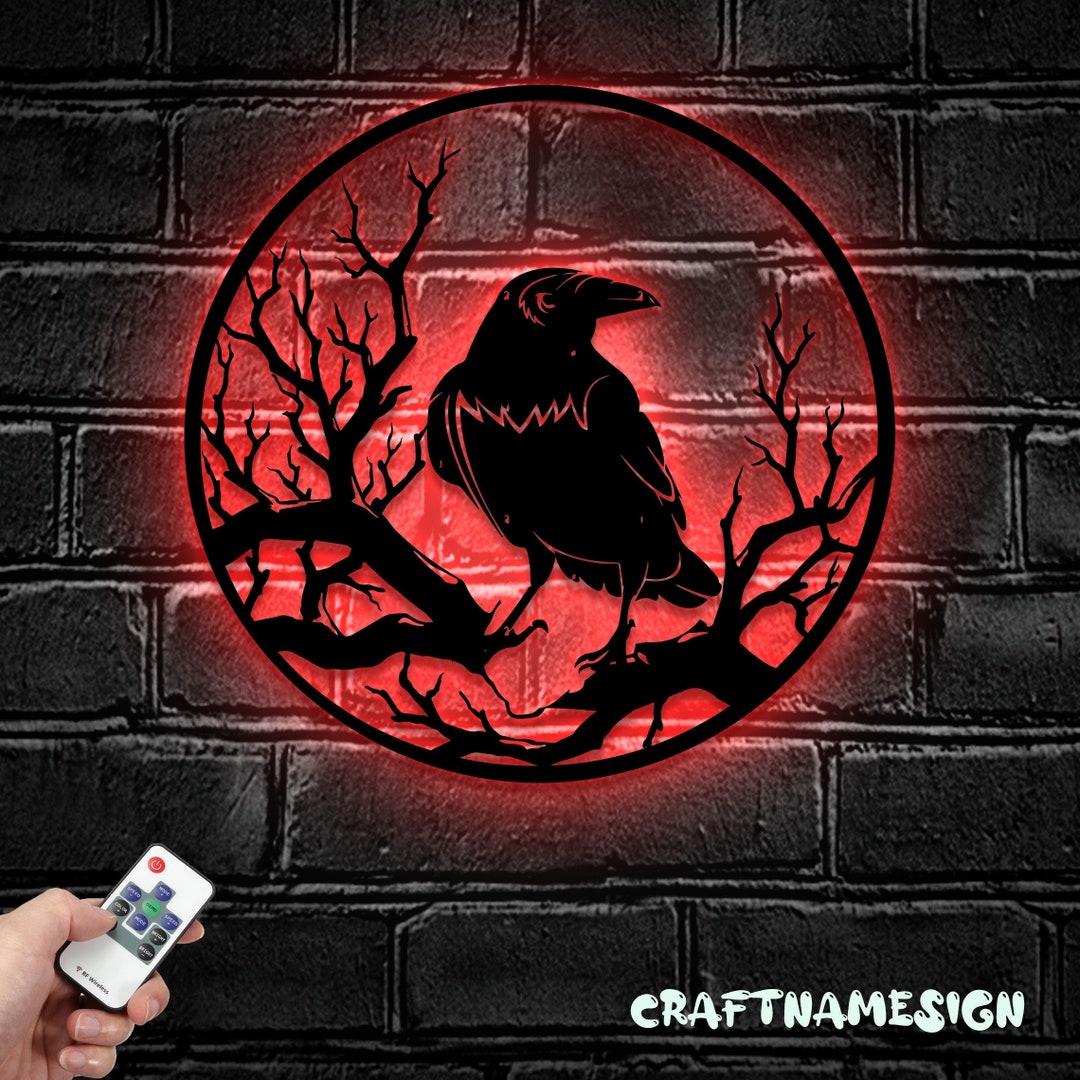 Raven Metal Wall Art With LED Light - Crow Moon Sign Home Decor ...