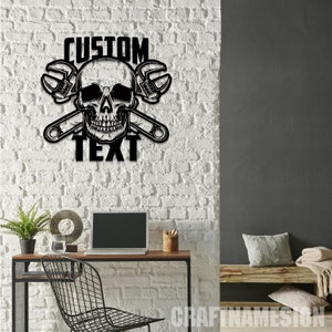 Personalized Mechanic Skull Metal Sign, Custom Skull Wall Art Room ...