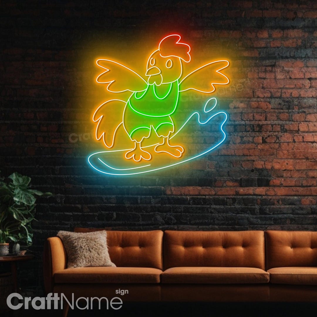 Funny Chicken Neon Wall Art, Chicken Surfer Led Sign for Chicken ...