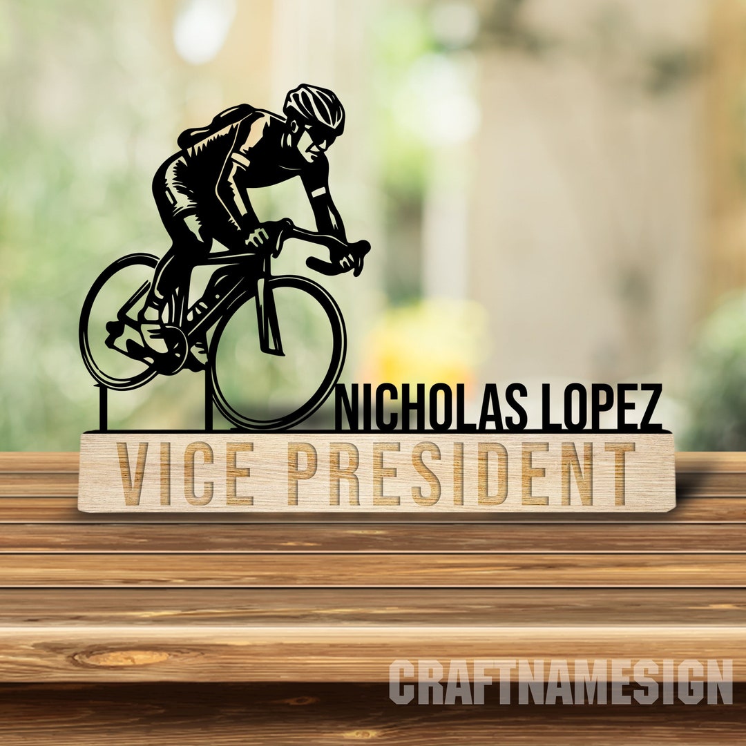 Custom Wooden Bicycle Desk Name Plate, Cycling Metal Nameplate for Desk ...
