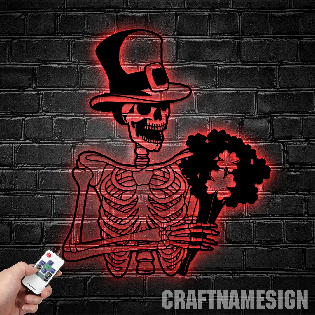 Personalized Lucky Skeleton Metal Wall Art LED Light Custom Patrick's ...