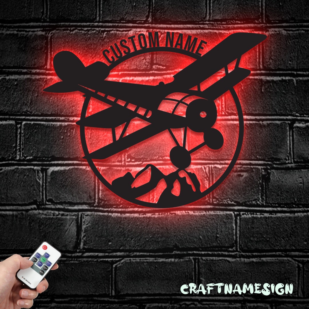 Custom Biplane Airplane Metal Wall Art LED Light Personalized Pilot ...