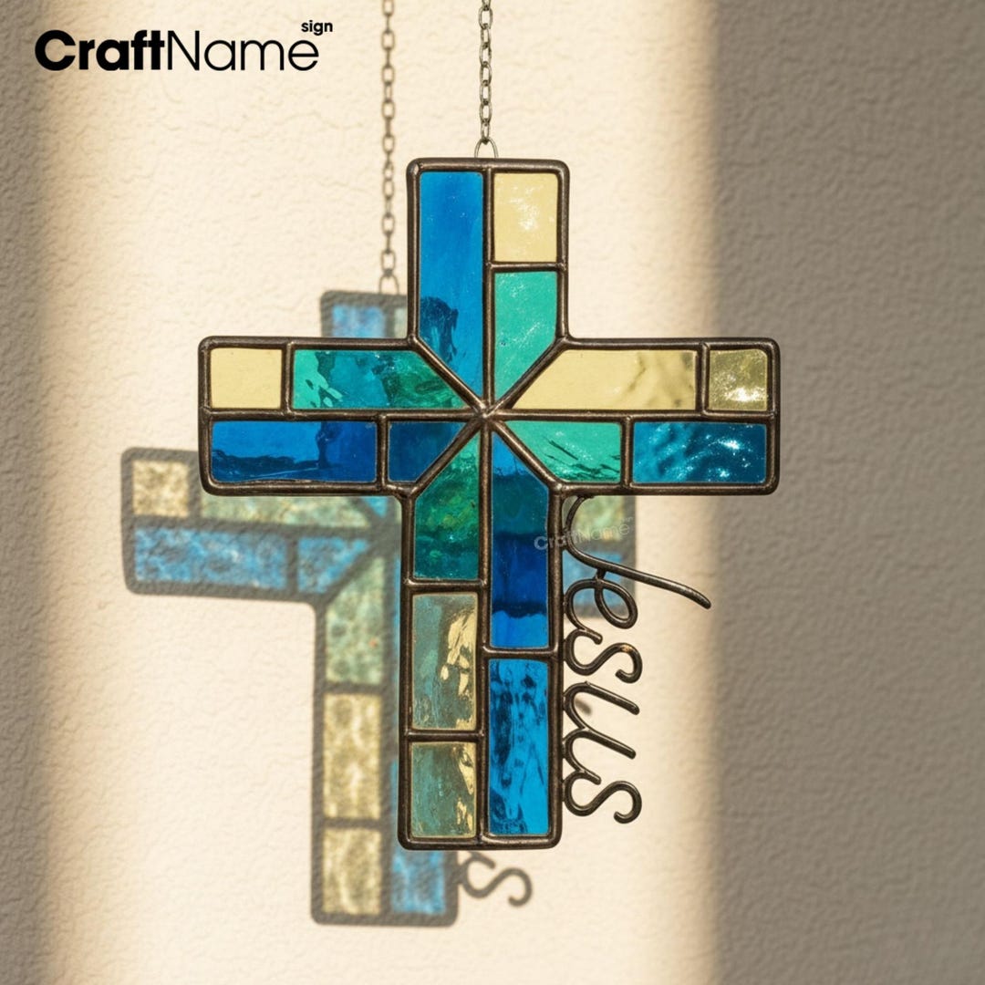 Cross Stained Glass Suncatcher, Handmade Blue Glass Cross With Jesus ...