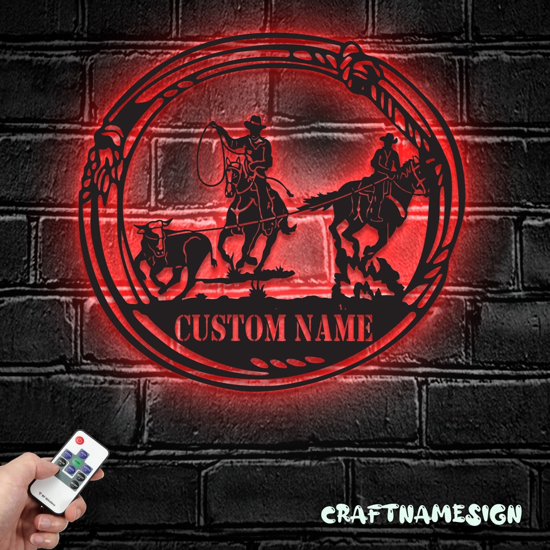 Custom Cowboy Roping Metal Wall Art LED Light - Personalized Tie Down ...