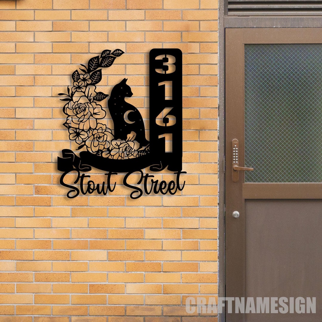 Custom Floral Cat Moon Address Front Door Decor Metal Sign, Cat House ...