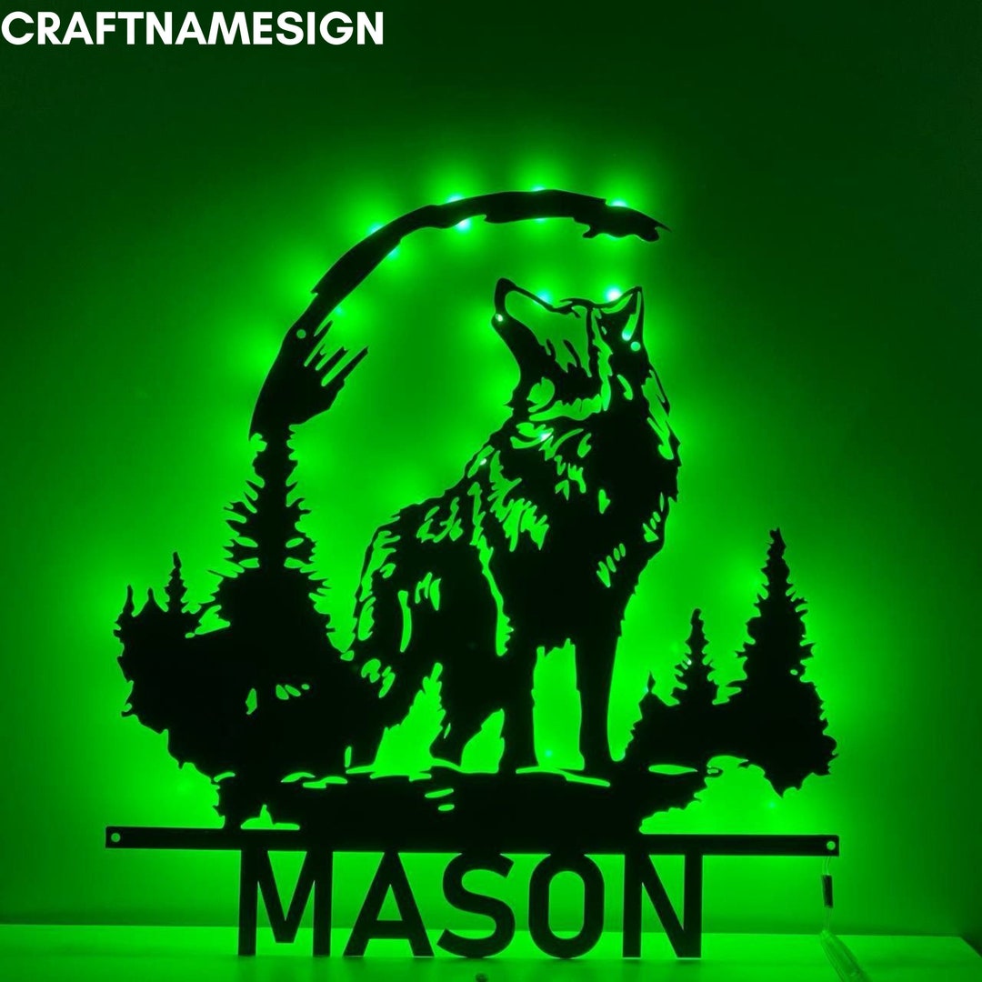 Personalized Wolf in the Moon Light Metal Wall Art Led Light, Custom ...