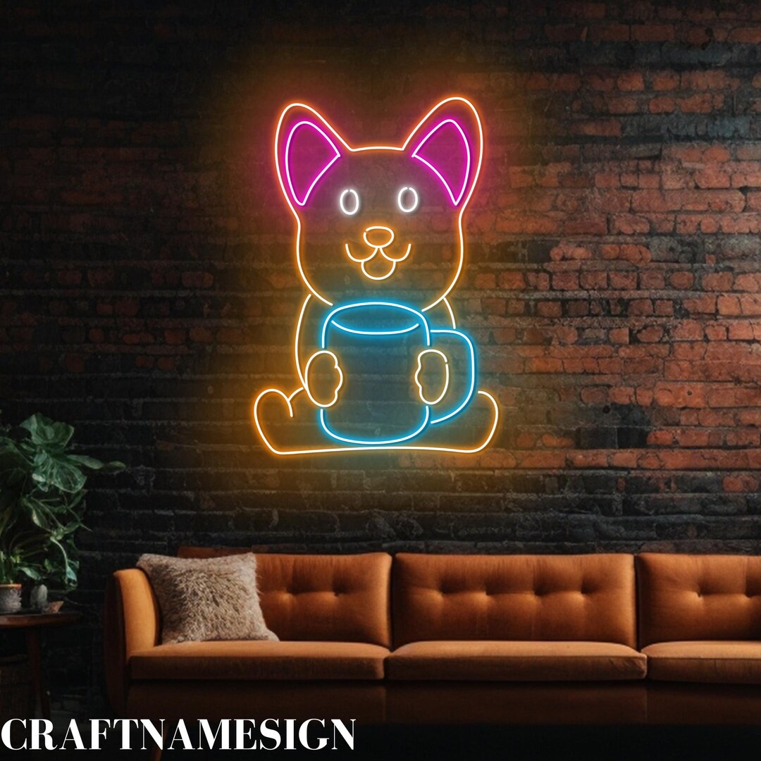 Cute Corgi Dog Holding Hot Coffee Cup Neon Sign, Corgi Coffee Led Sign ...