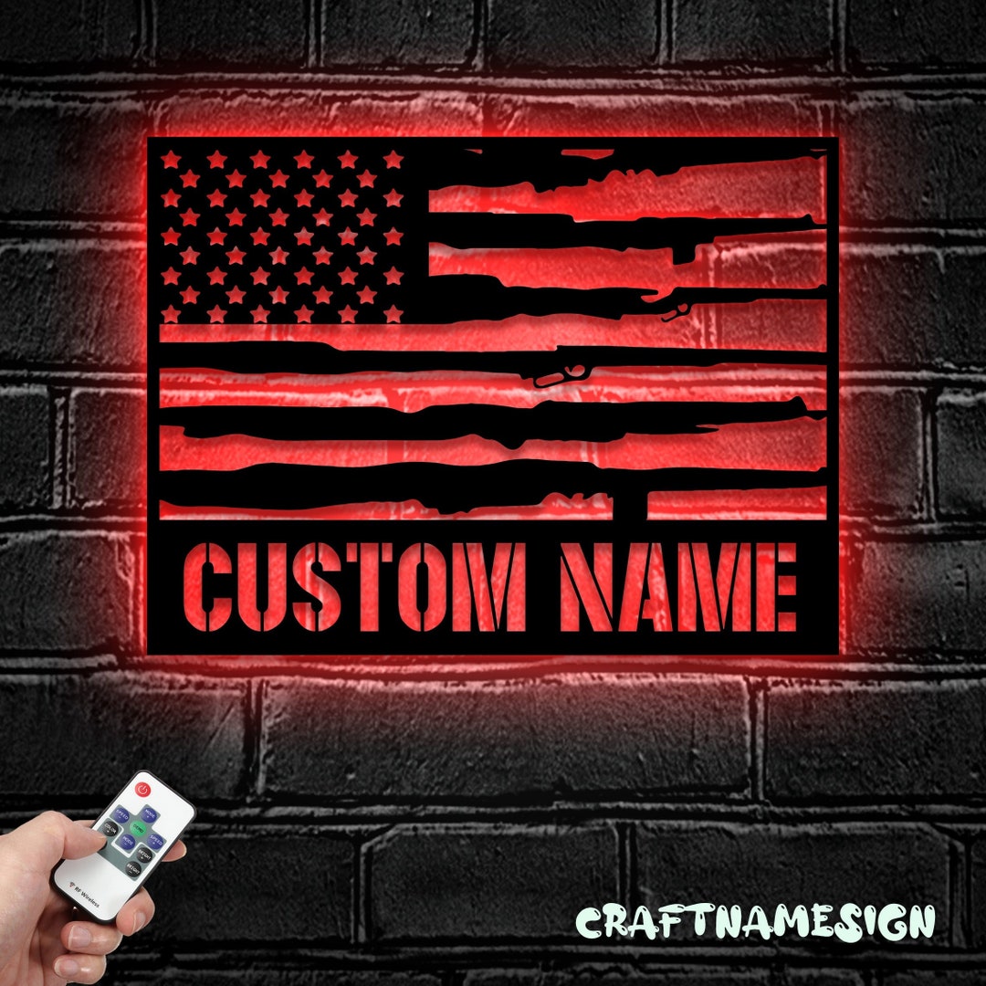 Custom Gun American Flag Metal Wall Art LED Light| Personalized Second ...