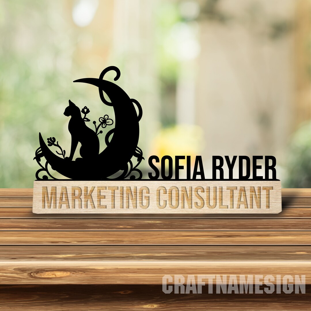 Personalized Wooden Desk Name Plate for Cat Lovers, Cat on the Moon ...