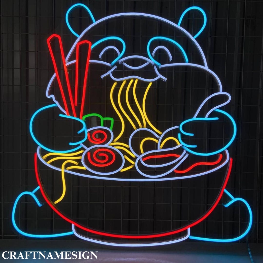 Panda Bear Eat Ramen Noodle Neon Sign, Panda Ramen Noodles Led Sign ...