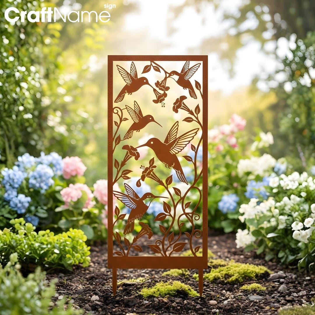 Hummingbird Rusty Metal Garden Stake Panel, Outdoor Steel Floral Art ...