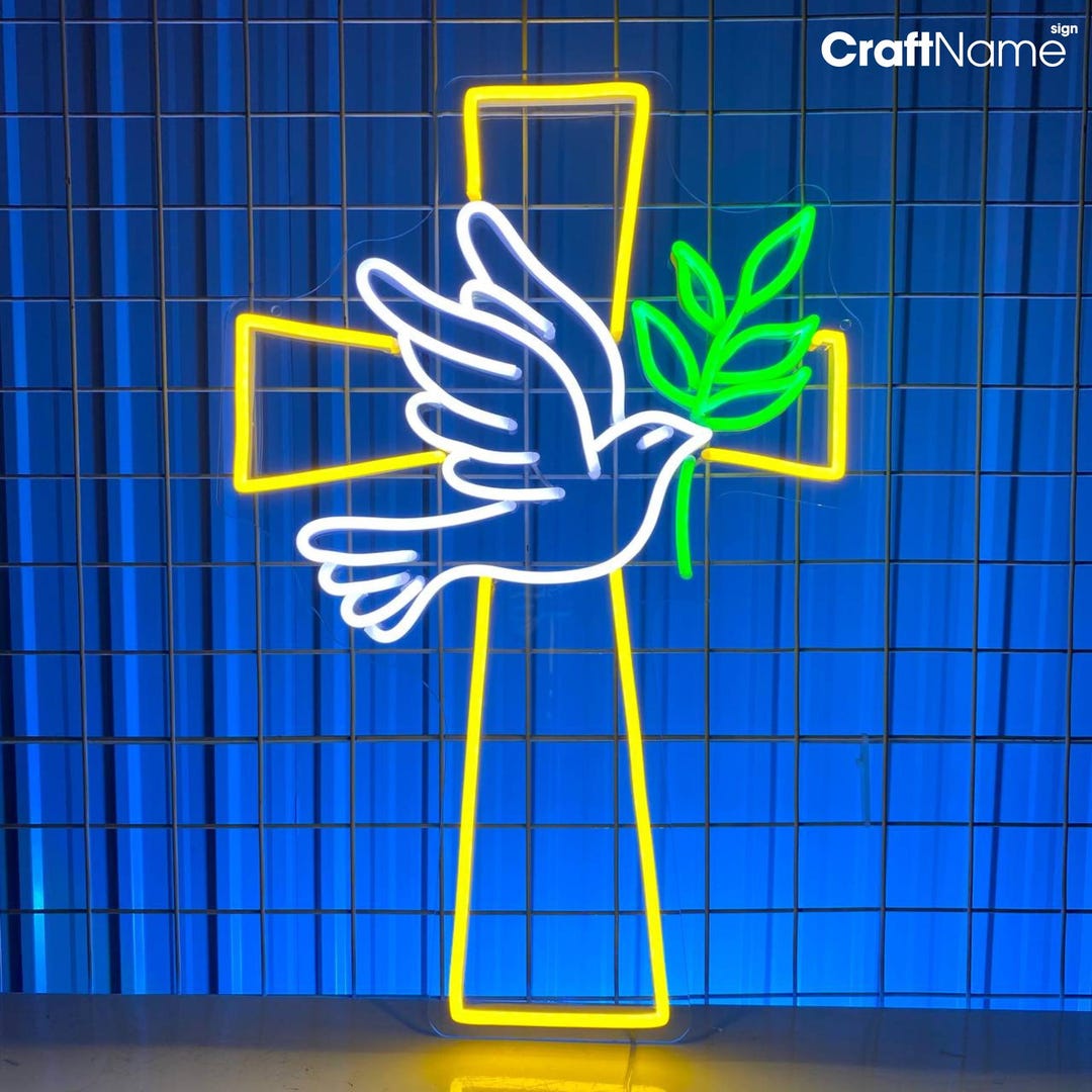 Dove Leaves Jesus Cross Neon Sign, Dove Peace Led Sign, Peace on Earth ...