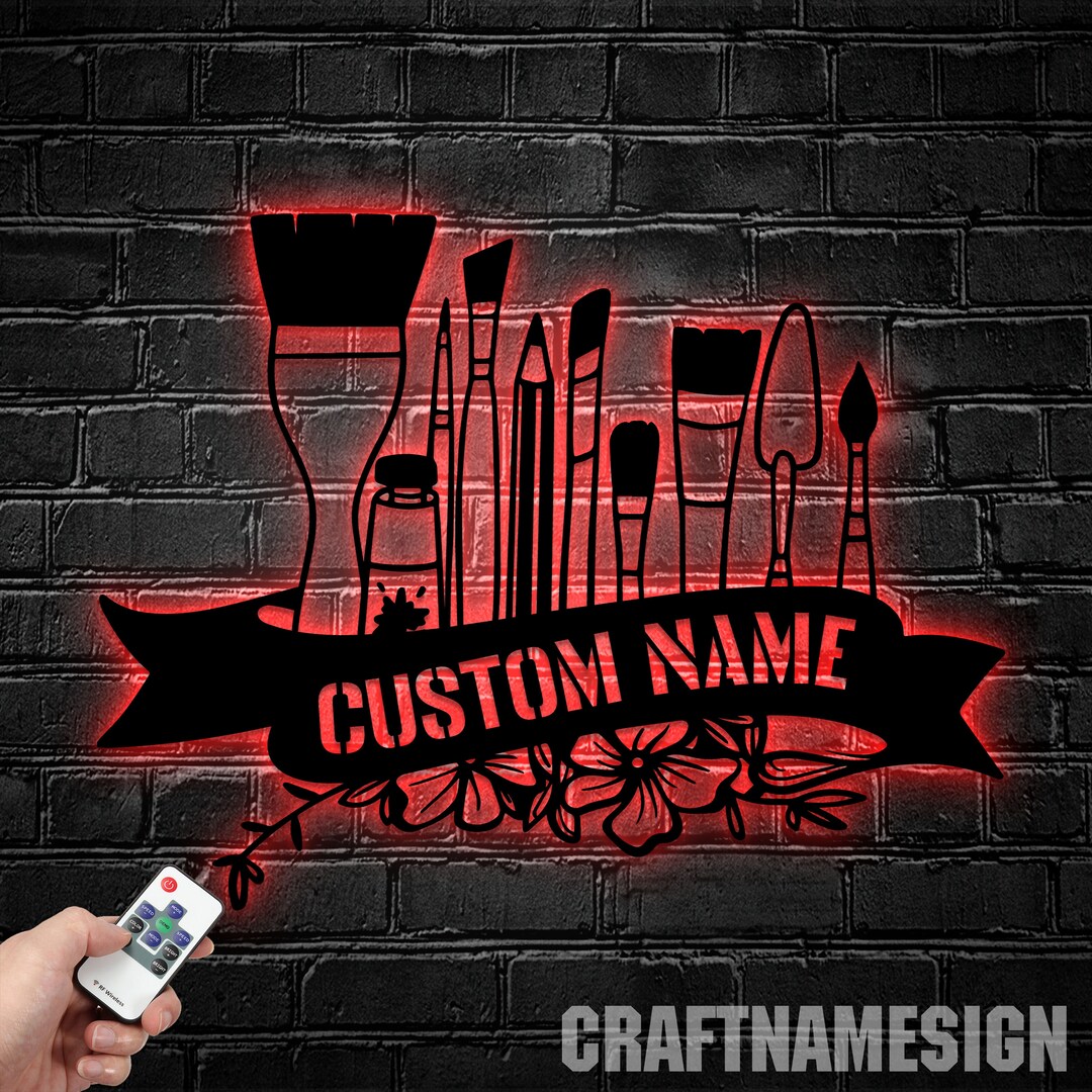 Custom Artist Tools Paintbrush Metal Wall Art LED Light, Personalized ...