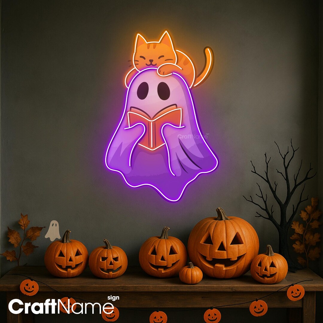 Ghost Cat Neon Acrylic Sign, Cute Halloween LED Wall Light for Haunted ...