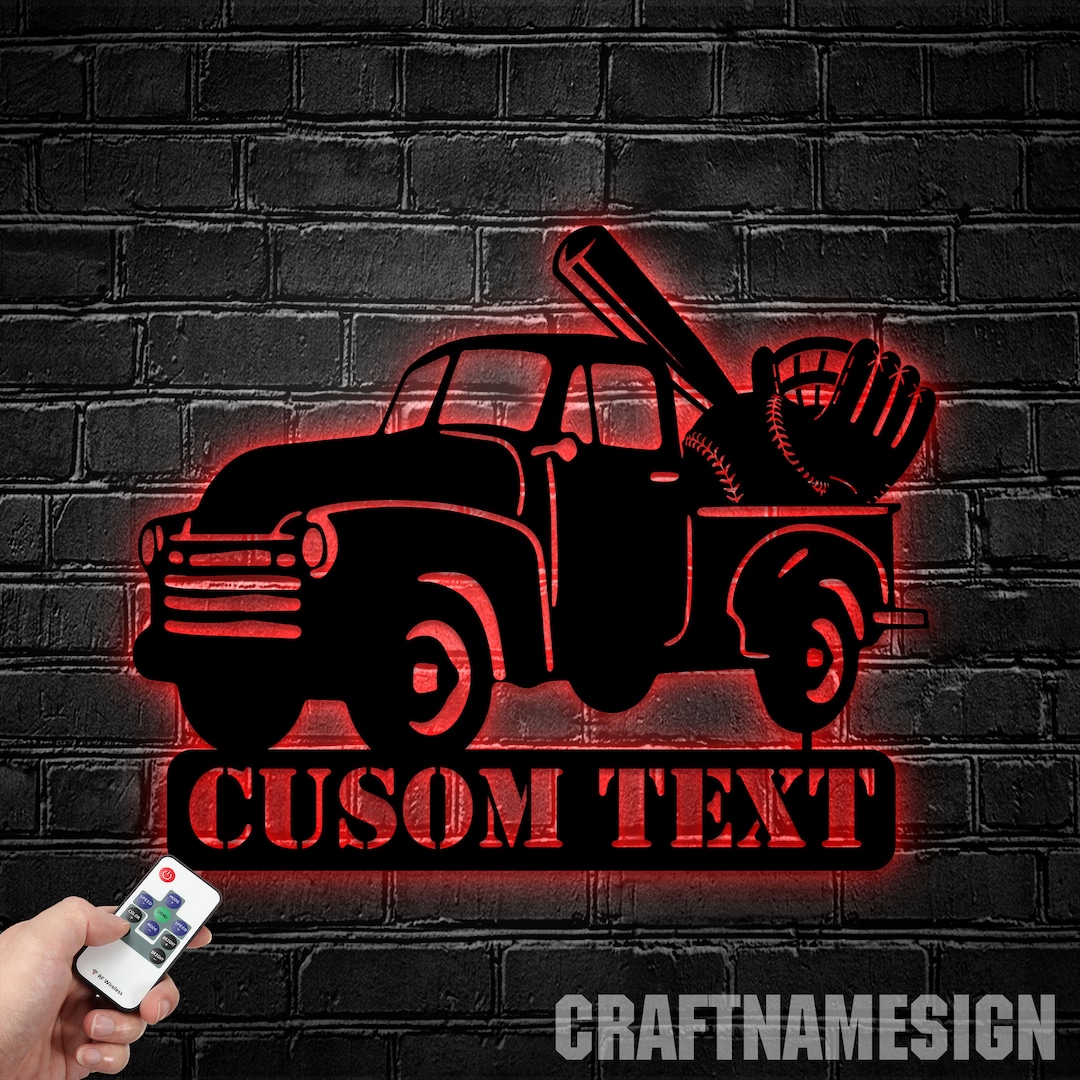 Custom Baseball Truck Metal Sign With LED Lights, Baseball Bat Pitcher ...