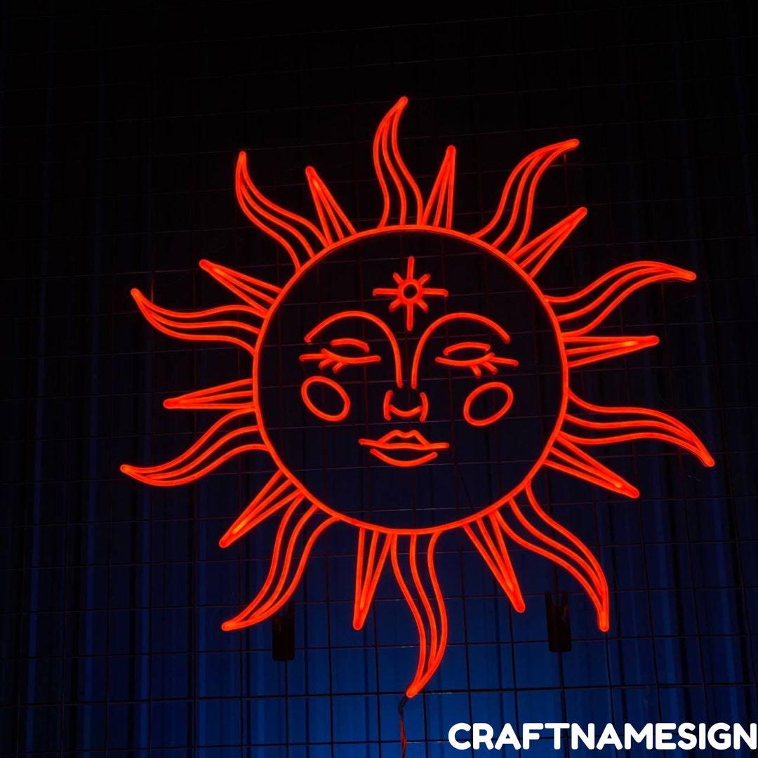 Sun Face Neon Sign, Abstract Sun Face Led Sign, Custom Neon Sign, Home ...