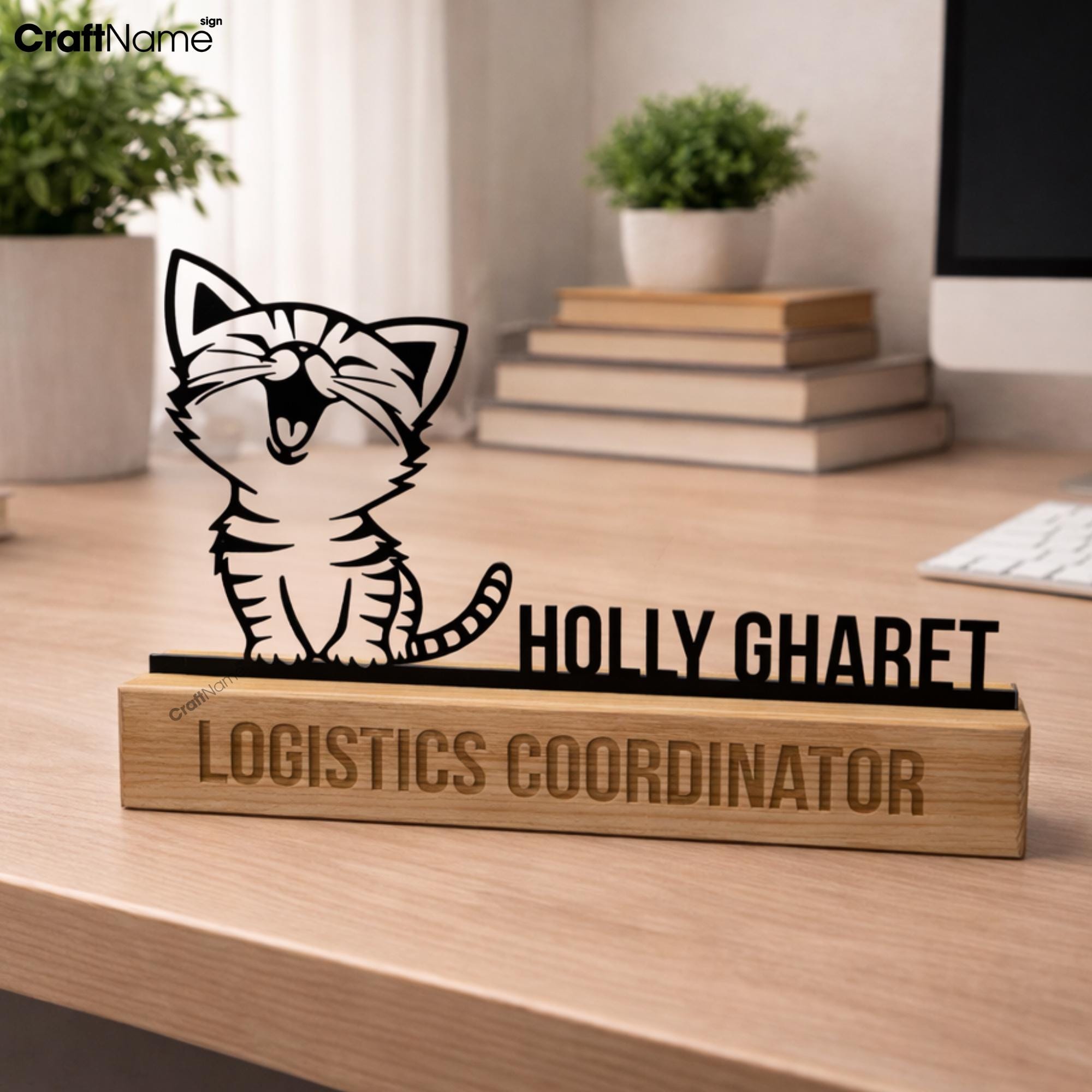 Personalized Cat Desk Name Plate, Laser Cut Wood, Table Office Decor ...