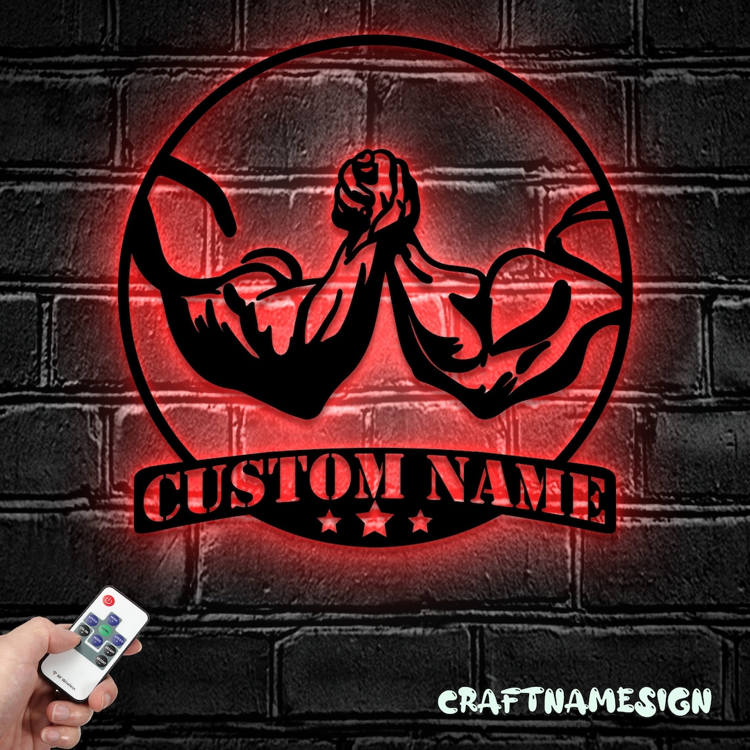 Custom Wrestler Metal Wall Art LED Light - Personalized Arm Wrestling ...