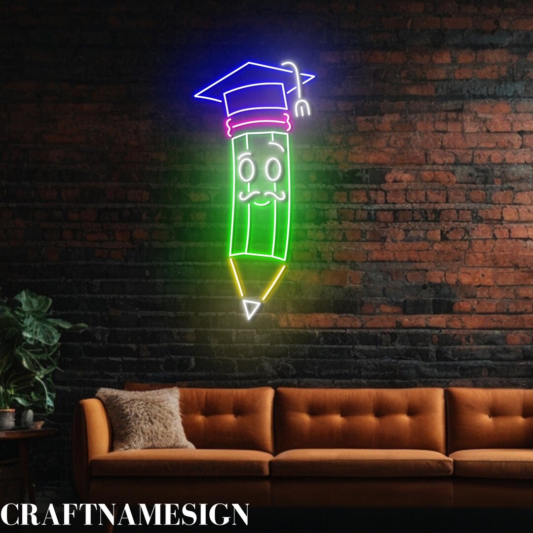 Pencil Wearing Graduation Cap Neon Sign, School Class Led Sign, Custom ...