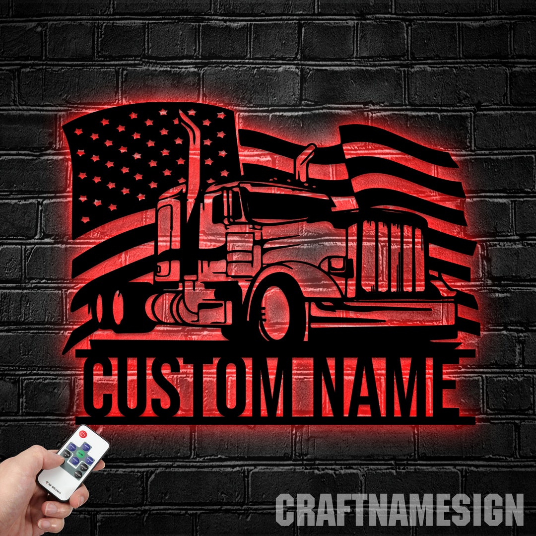 Personalized Semi Truck US Flag Metal Wall Light, Custom Name Metal ...