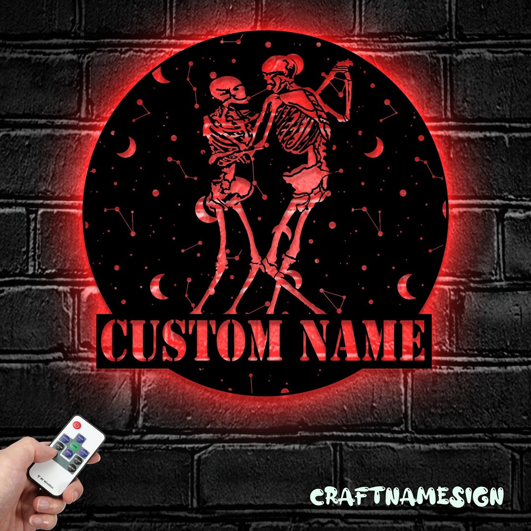 Custom Couple Skeleton Dance on the Moon Metal Wall Art LED Light ...