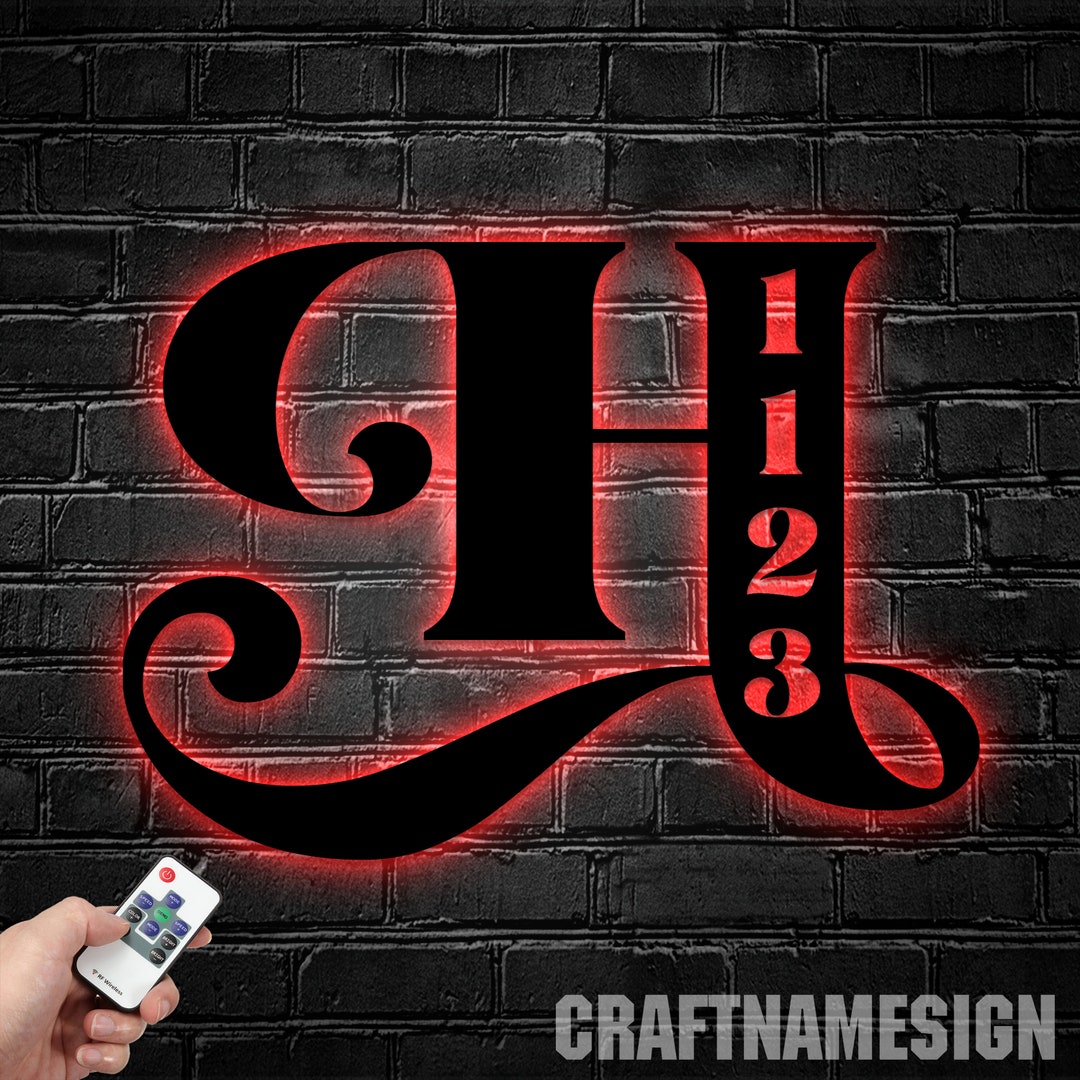 Custom Monogram Address Sign Metal Wall Art LED Light, Personalized ...