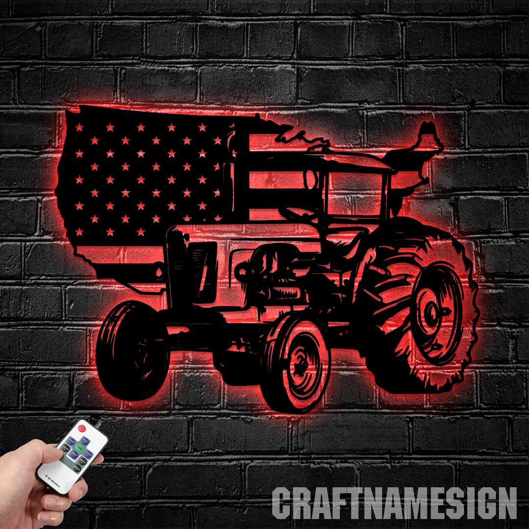 Personalized Tractor US Flag Metal Wall Art Led Light, Tractor Metal ...