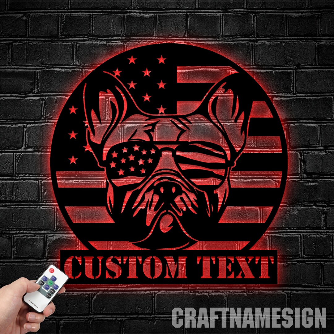 Custom US Flag Bulldog Metal Wall Art LED Light Personalized Dog Lover ...