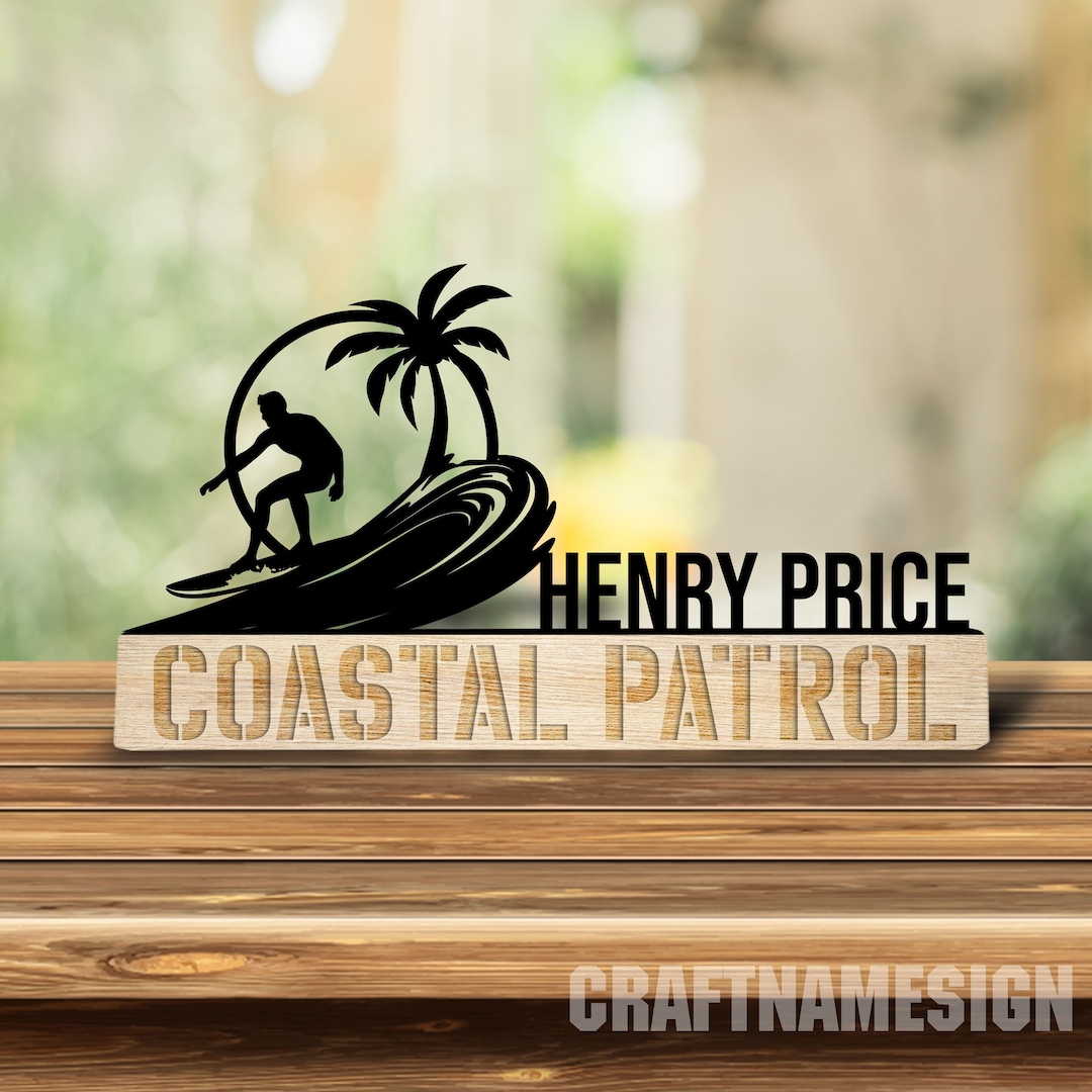 Custom Wooden Boy Surfing Desk Name Plate, Surfer Riding Metal ...
