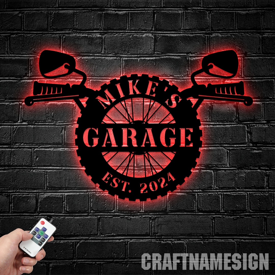 Custom Motorcycle Garage Metal Wall Art LED Light, Personalized Classic ...