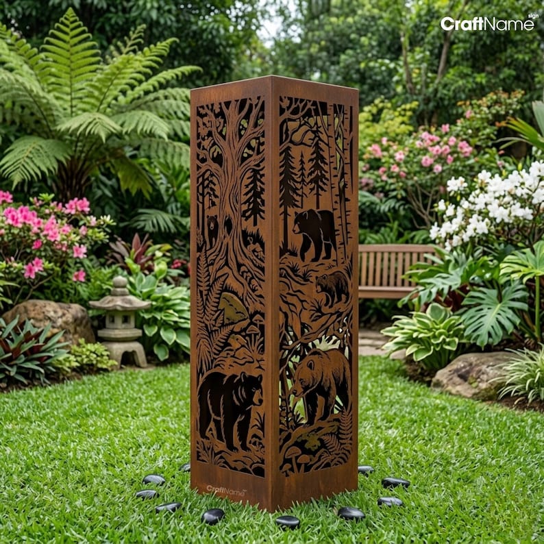 Bear Garden Column, Rustic Rusty Metal Woods Yard Art, Wildlife Outdoor ...