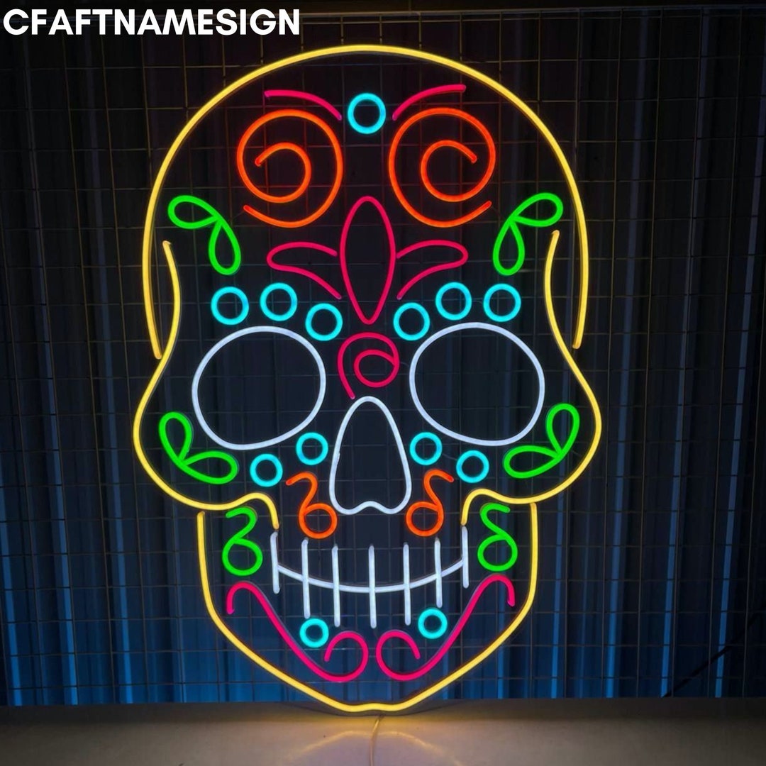 Colorful Mexican Skull Mustache Neon Sign, Custom Skull Mexican Led ...