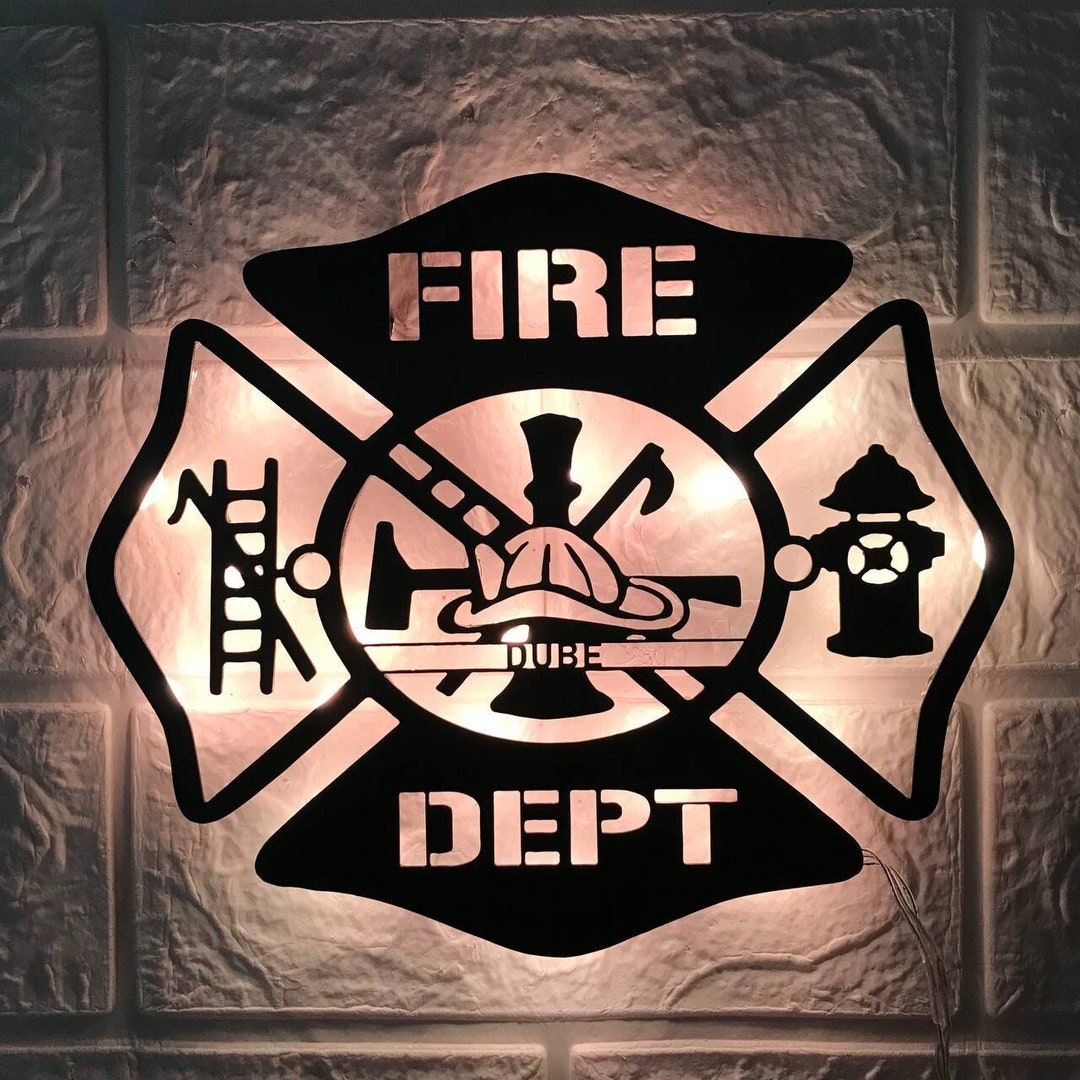 Personalized Firefighter Maltese Cross Metal Wall Art LED Light Custom ...