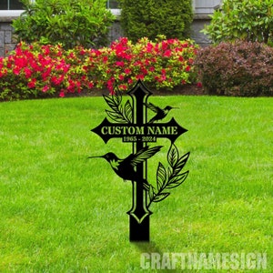 Custom Hummingbird Cross Memorial Stake, Personalized Garden Memorial ...