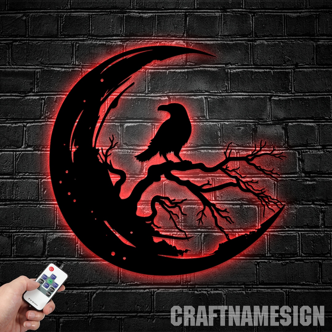 Raven on the Moon Metal Sign, Raven on the Branch Led Sign, Black Crow ...