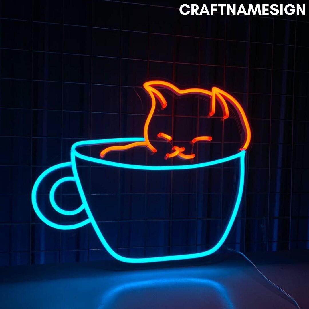Cat in Coffee Cup Neon Sign, Coffee Led Sign, Custom Neon Sign, Coffee ...