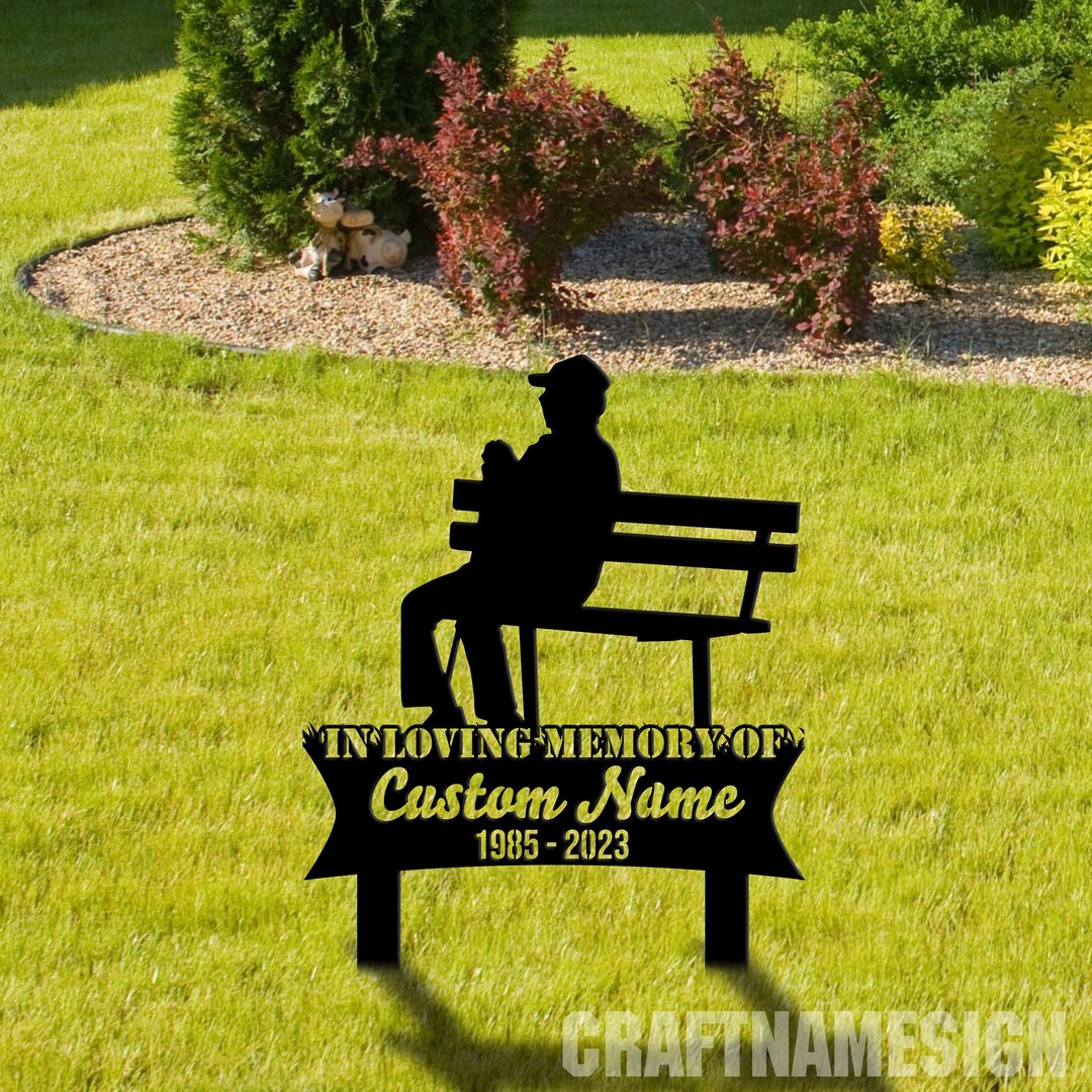 Custom Man Sitting on Bench Memorial Stake, Memorial Plaque With Stake ...