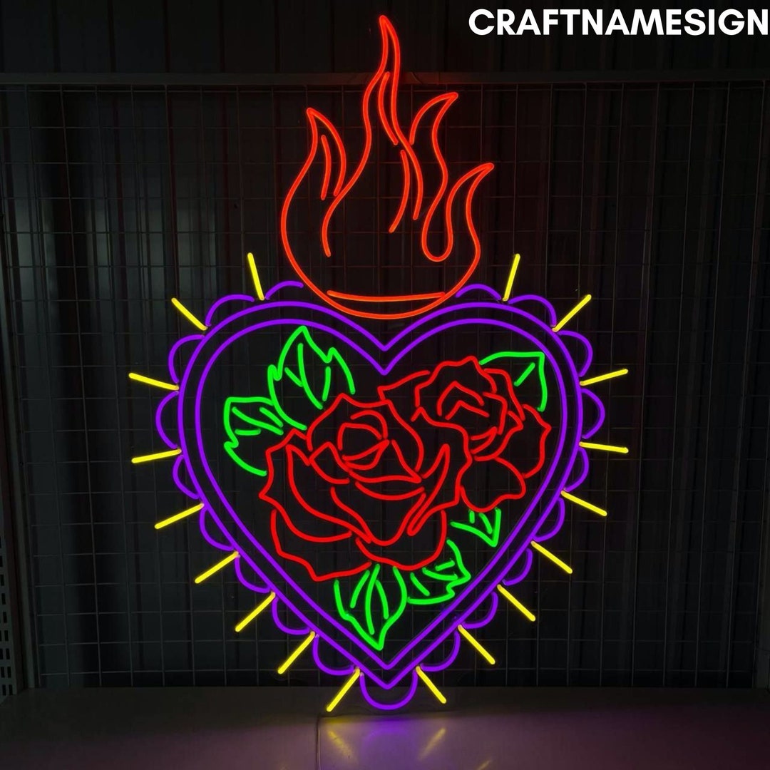 Heart Rose Fire Neon Sign, Flaming Heart Led Sign, Custom Neon Sign for ...