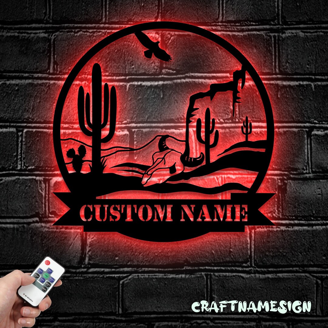 Custom Cactus Desert Mountain Metal Wall Art LED Light - Personalized ...