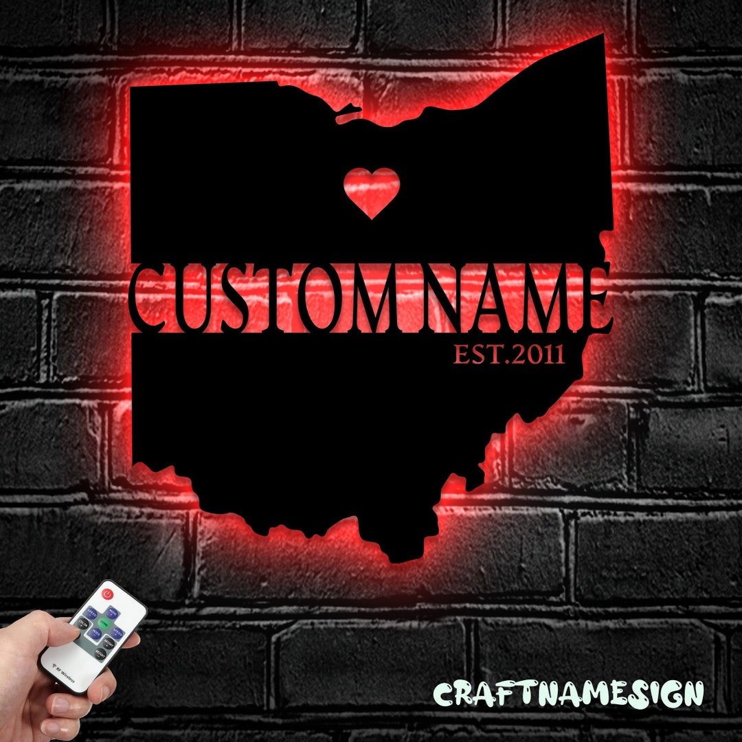 Custom Ohio Map Metal Wall Art LED Light - Personalized Ohio State Name ...