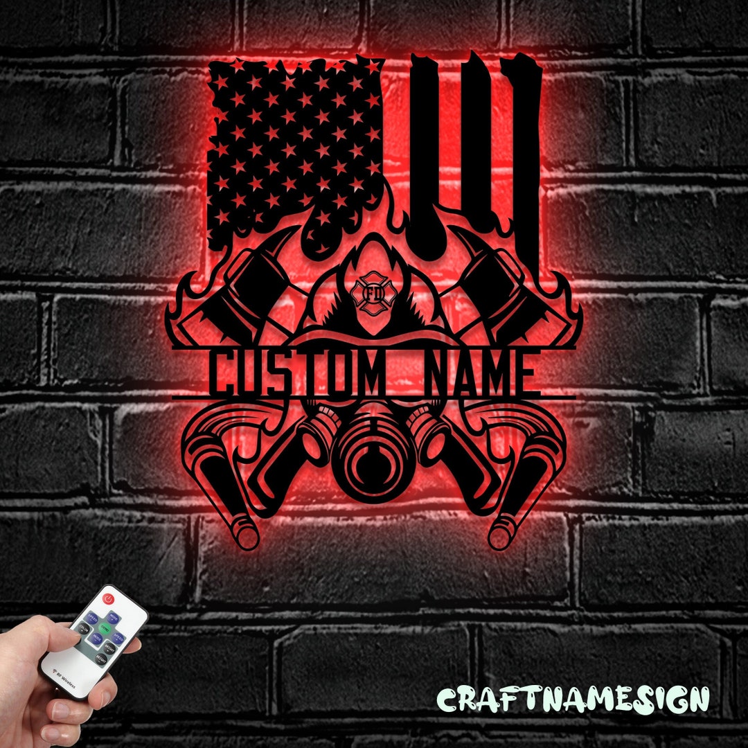 Custom US Firefighter Metal Wall Art LED Light - Personalized FD ...