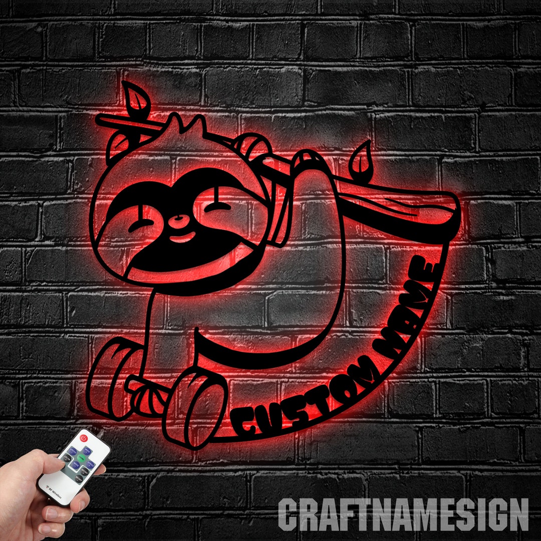 Personalized Cute Sloth Metal Wall Art LED Light - Custom Funny Lazy ...