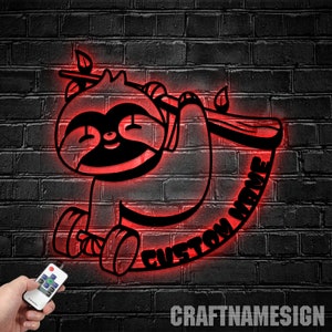 Personalized Cute Sloth Metal Wall Art LED Light - Custom Funny Lazy ...