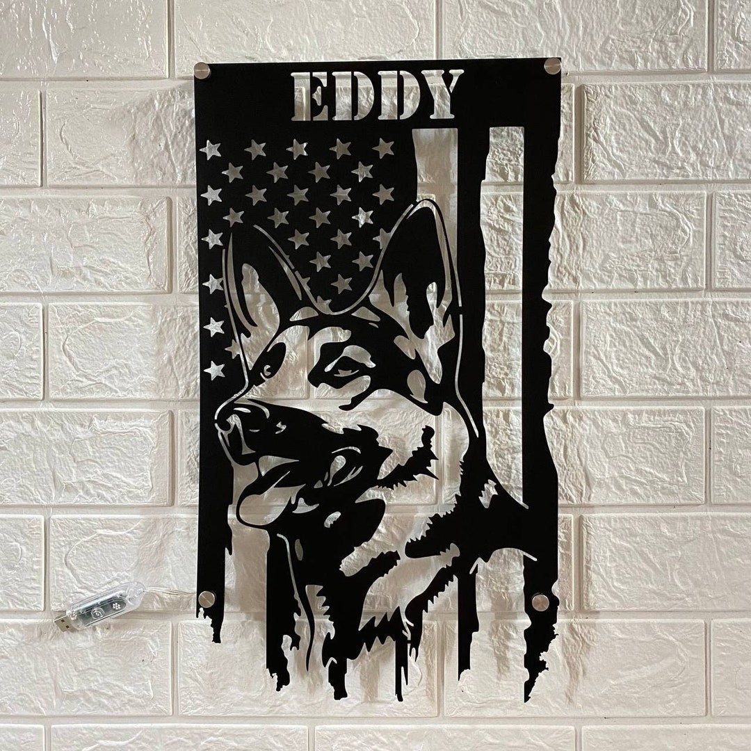 Custom German Shepherd US Flag Metal Wall Art LED Light - Personalized ...