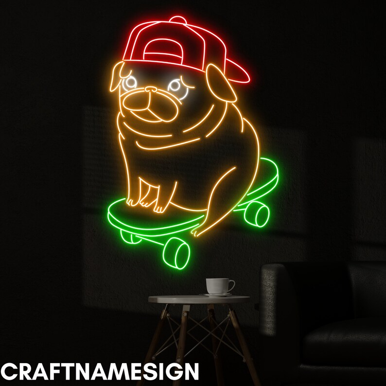 Pug Dog Skateboarding Led Sign, Pug Dog Skateboarding Neon Sign, Custom ...