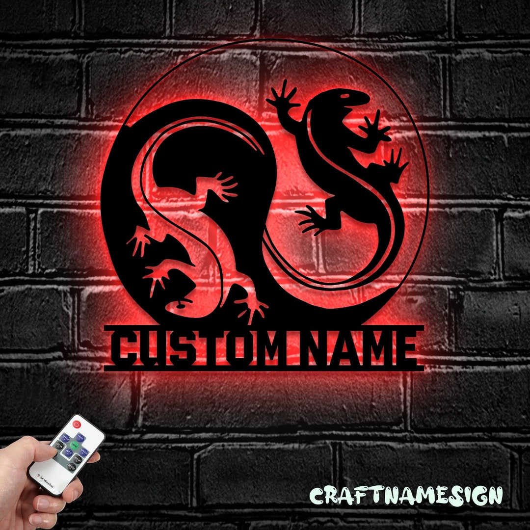 Custom Yin Yang Gecko Metal Wall Art LED Light Personalized Lizard ...